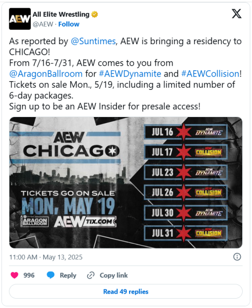 AEW announces summer residency for Chicago - WWE News, WWE Results, AEW ...
