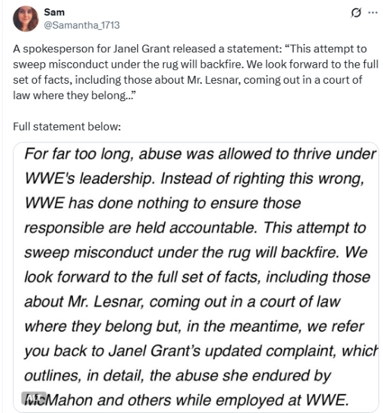 Spokesperson for Janel Grant issues statement on Brock Lesnar's WWE return - WWE News, WWE ...